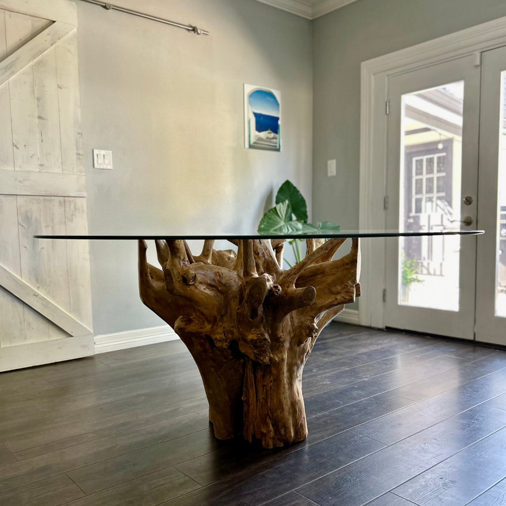 Teak Root Dining Table with Round 60" Tempered Glass Top – SpencerAbbadie