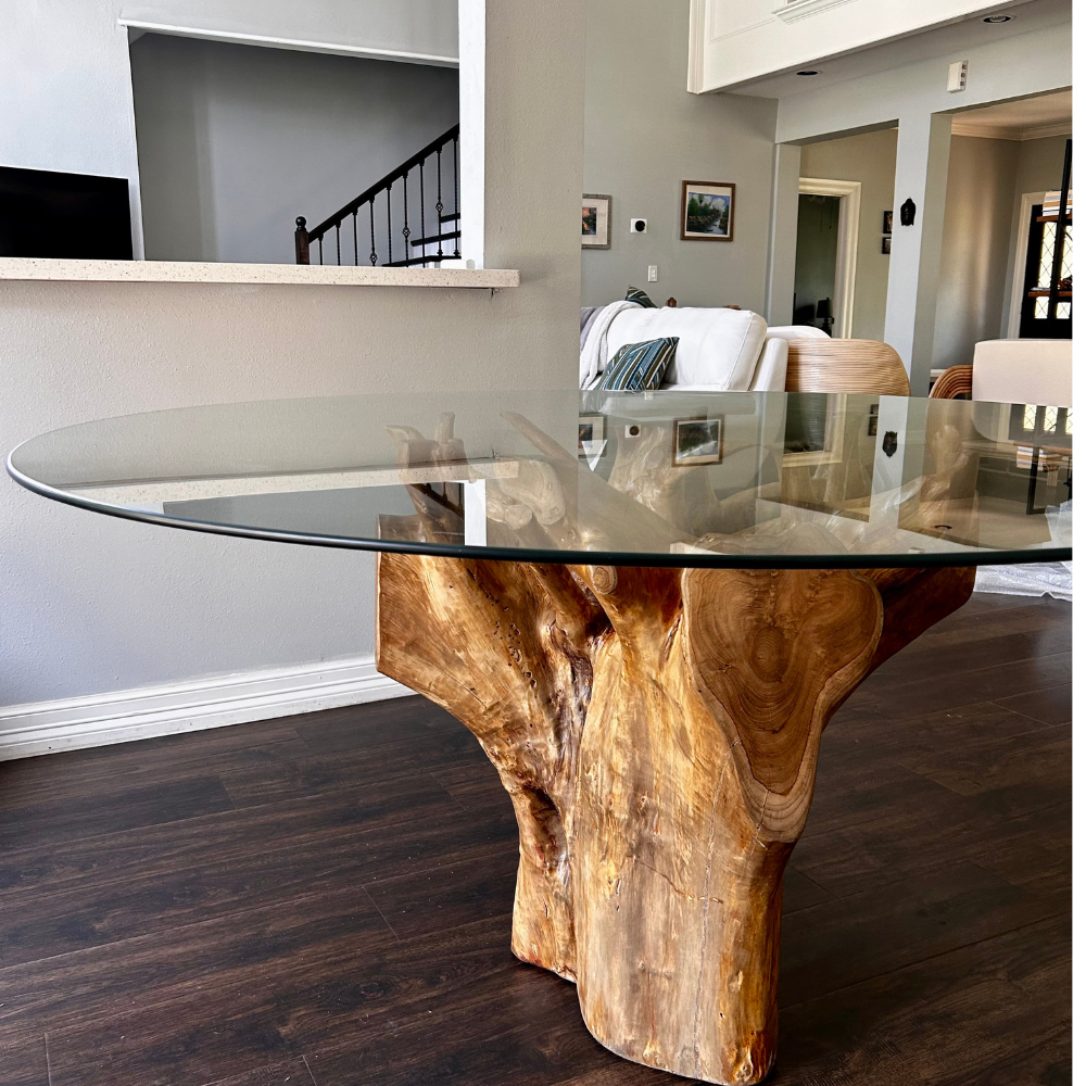 Teak Root Dining Table with Round 60" Tempered Glass Top – SpencerAbbadie