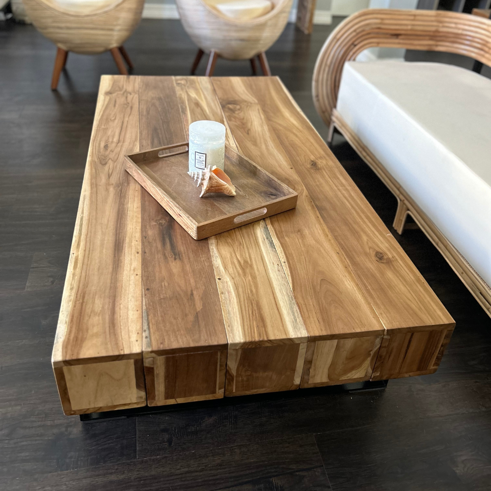 Teak Wood Coffee Table with Metal Base – Hollow Log Design – SpencerAbbadie