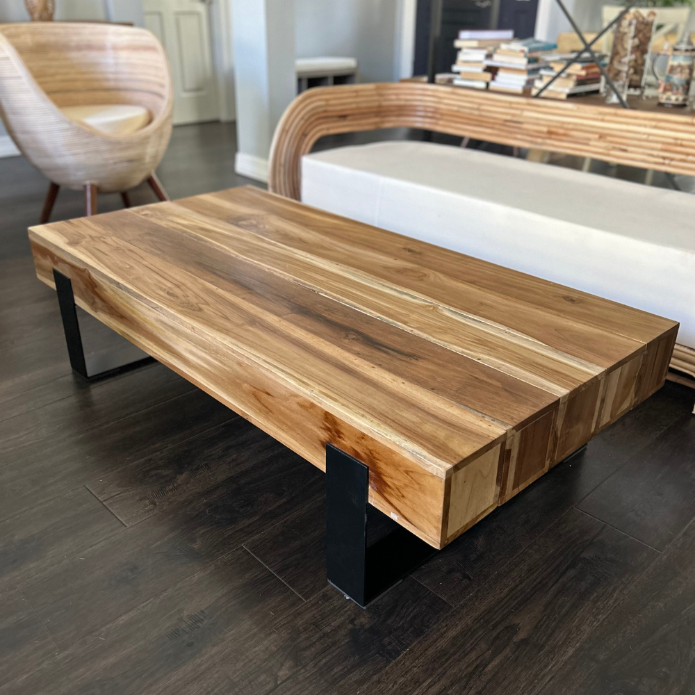 Teak Wood Coffee Table with Metal Base – Hollow Log Design – SpencerAbbadie