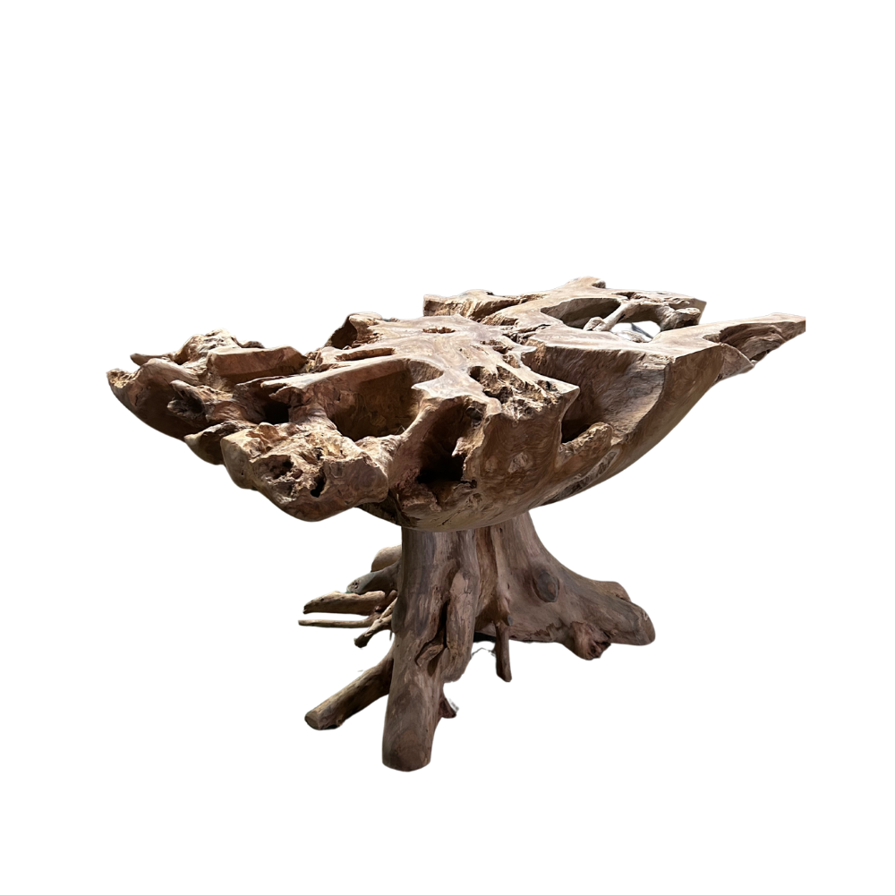 Stunning Teak Root Base Dining Table with Modern Tempered Glass Top ...
