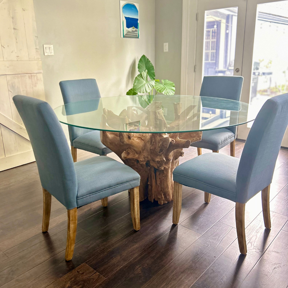 Teak Root Dining Table with Round 60" Tempered Glass Top – SpencerAbbadie