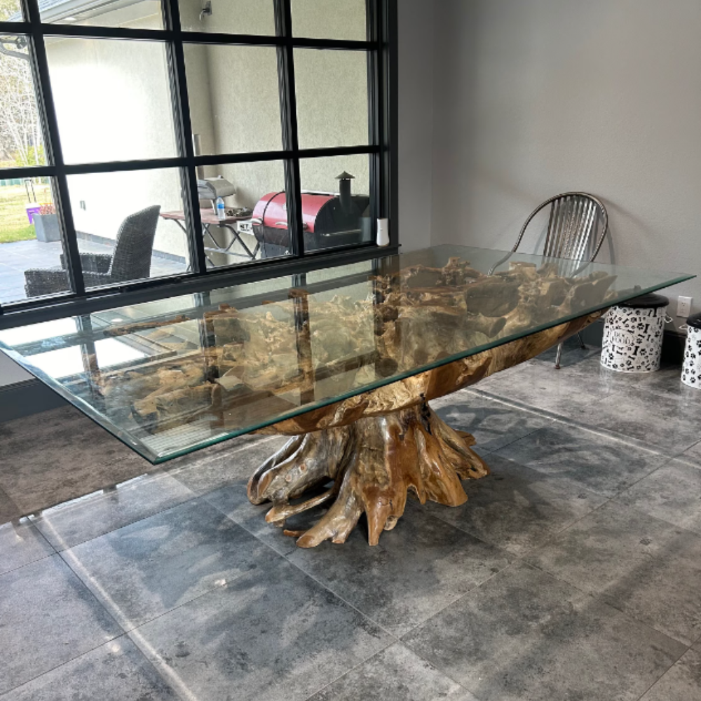 Stunning Teak Root Base Dining Table with Modern Tempered Glass Top ...