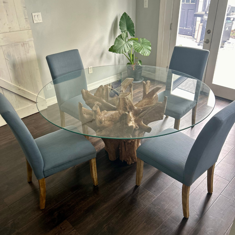 Teak Root Dining Table with Round 60" Tempered Glass Top – SpencerAbbadie