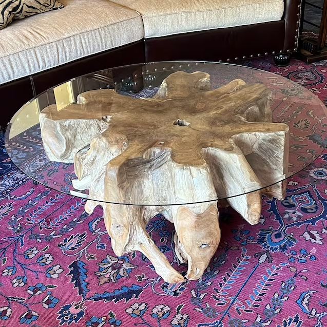 Teak Root Coffee Table with Round Glass Top – SpencerAbbadie