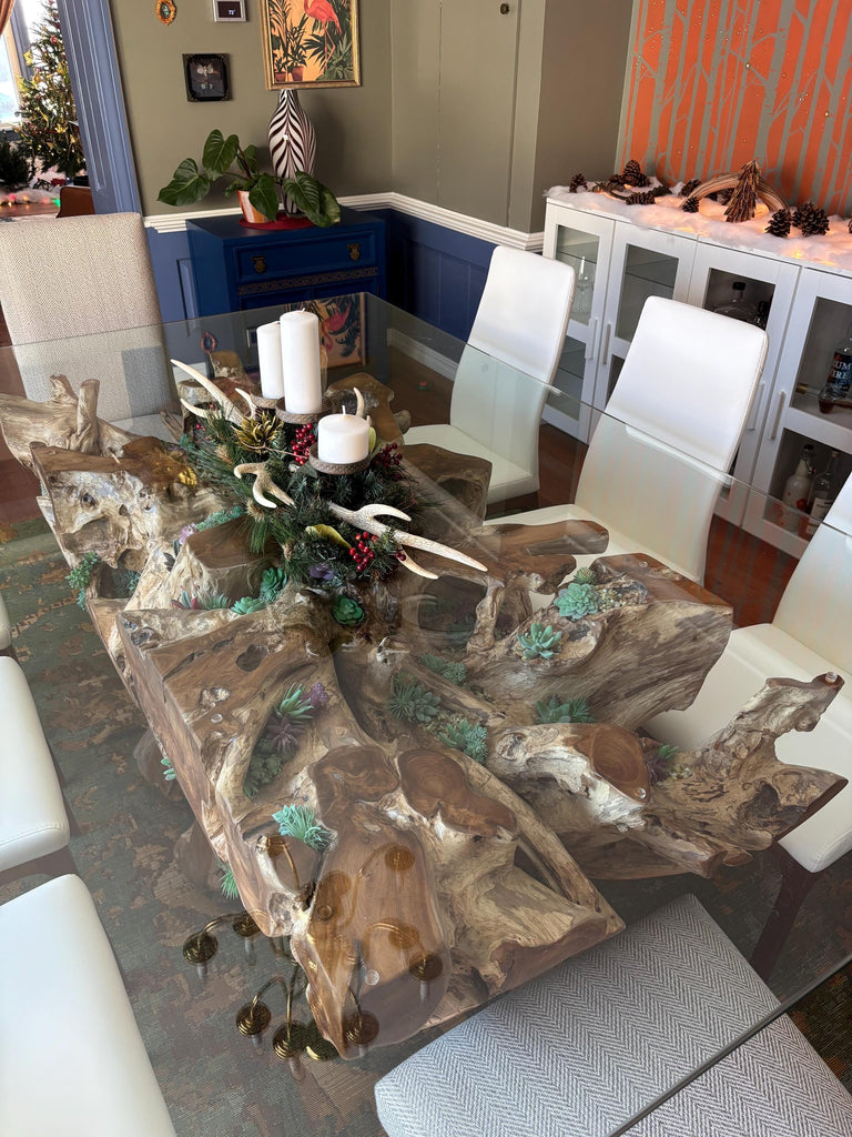 Stunning Teak Root Base Dining Table with Modern Tempered Glass Top ...