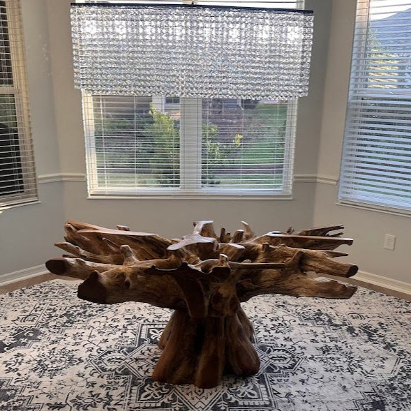 Stunning Teak Root Base Dining Table with Modern Tempered Glass Top ...
