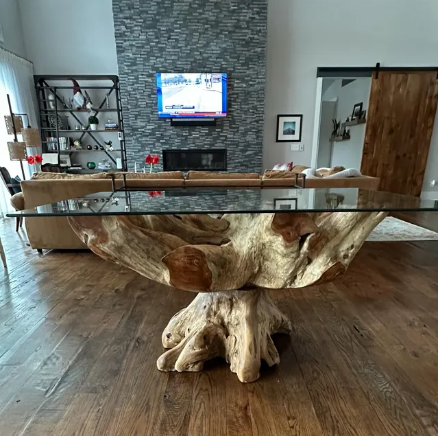 Stunning Teak Root Base Dining Table with Modern Tempered Glass Top ...