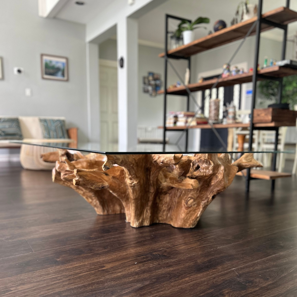 Rectangular Teak Root Coffee Table with Glass Top – SpencerAbbadie