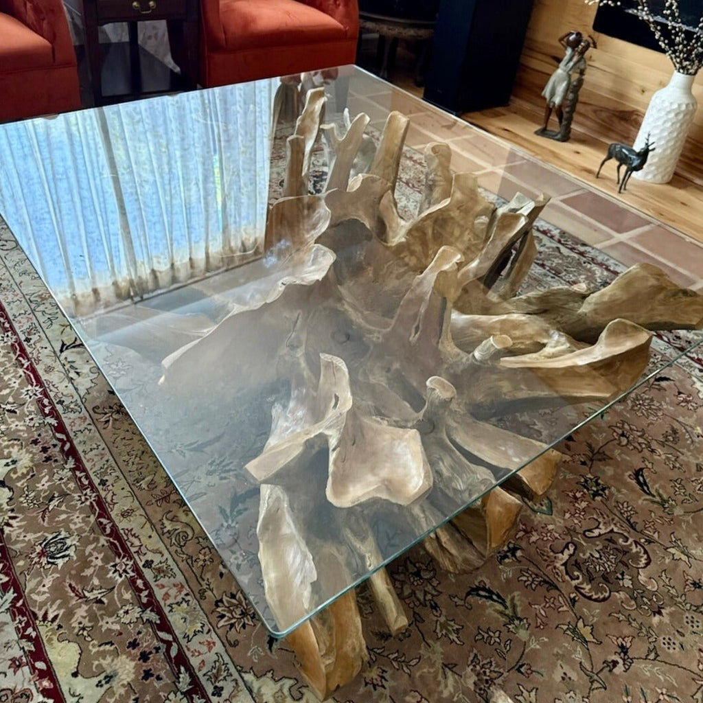 Rectangular Teak Root Coffee Table with Glass Top – SpencerAbbadie