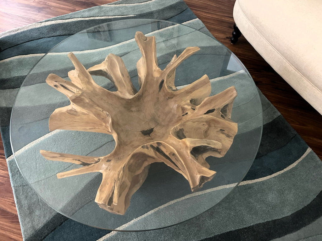 Teak Root Coffee Table with Round Glass Top – SpencerAbbadie